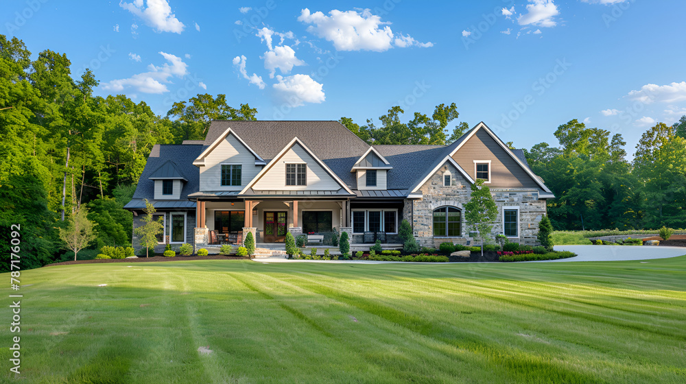 Large modern luxury single-family country home with a large mowed lawn ...