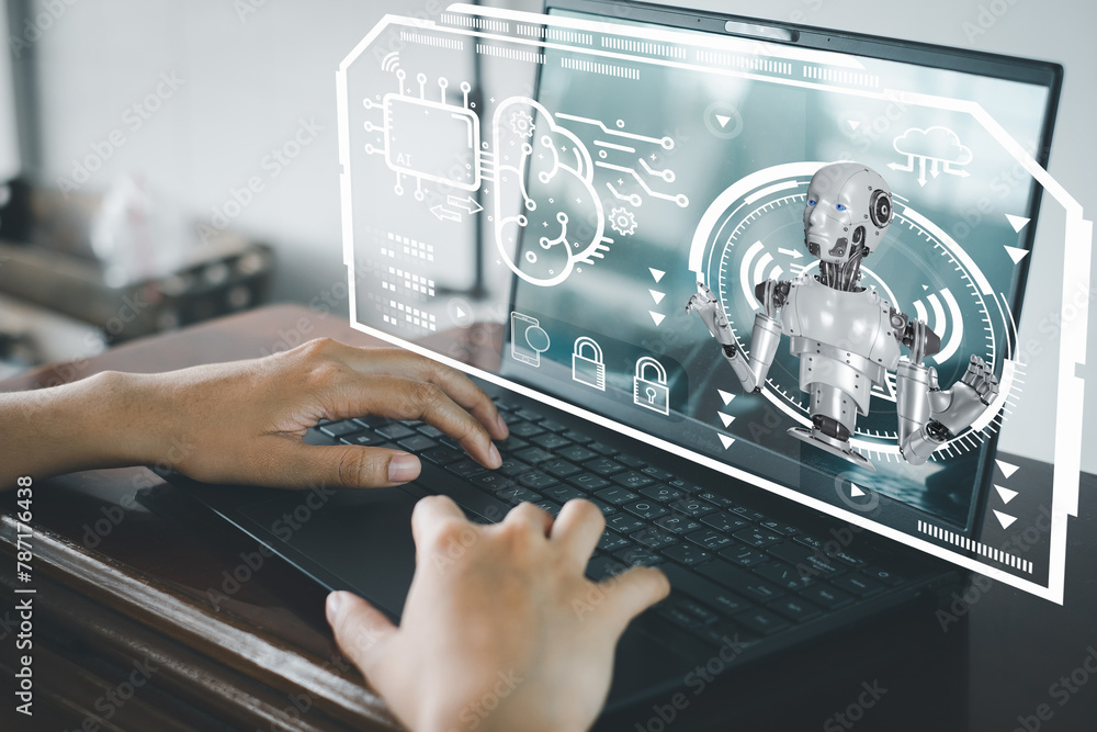 Businesswoman using laptop with AI interface on screen idea for Smart ...