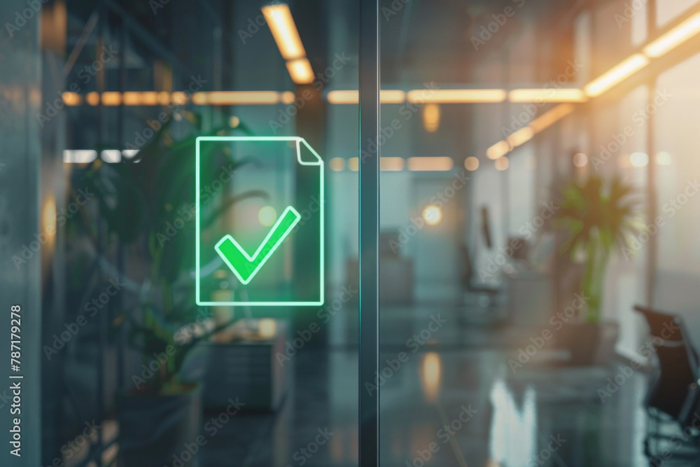 A green checklist icon on an office background for cyber security and ...