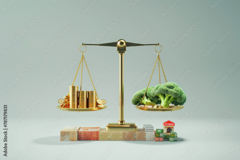 A scale with one side filled with gold coin, and another side filled ...