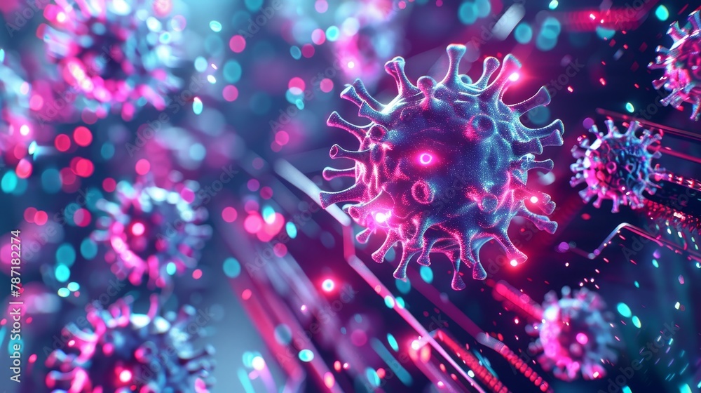 Vibrant 3D visualization of virus particles in pink and blue hues ...