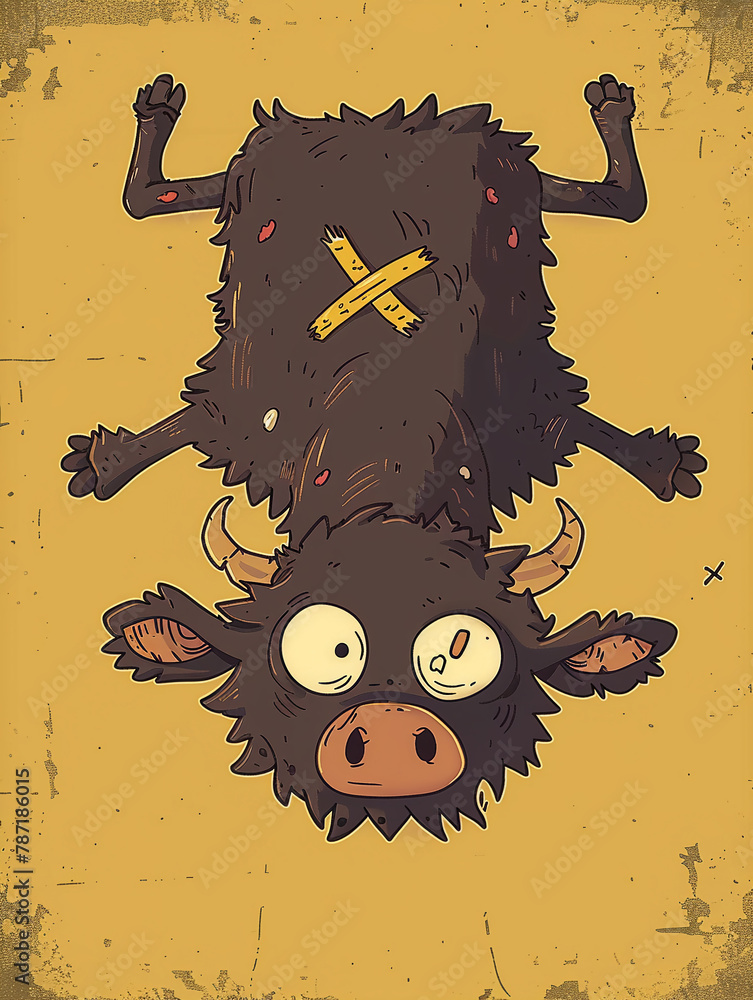 a cartoon drawing of a cow thats dead with xs for eyes and its upside ...