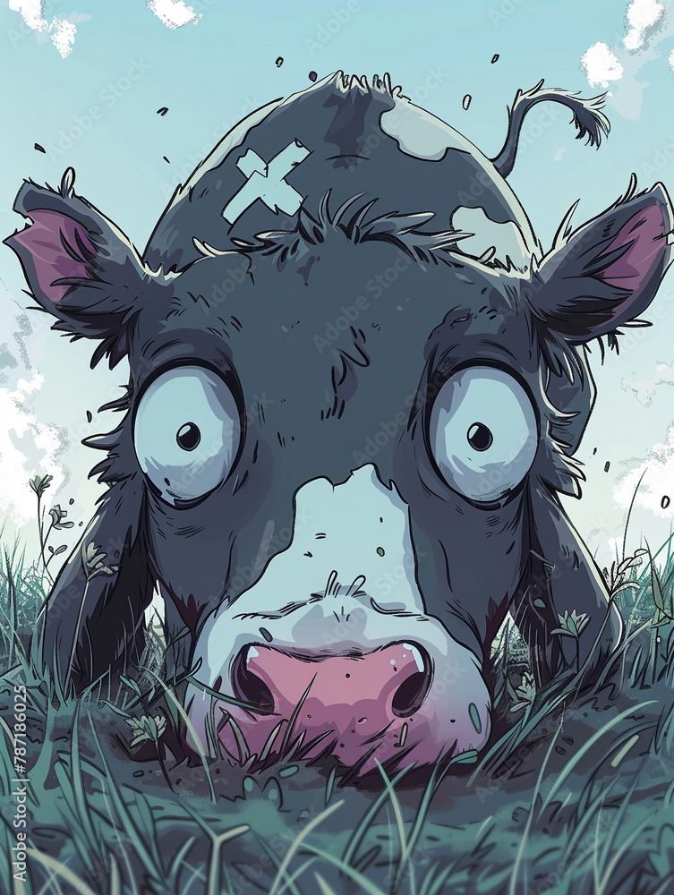 a cartoon drawing of a cow thats dead with xs for eyes and its upside ...