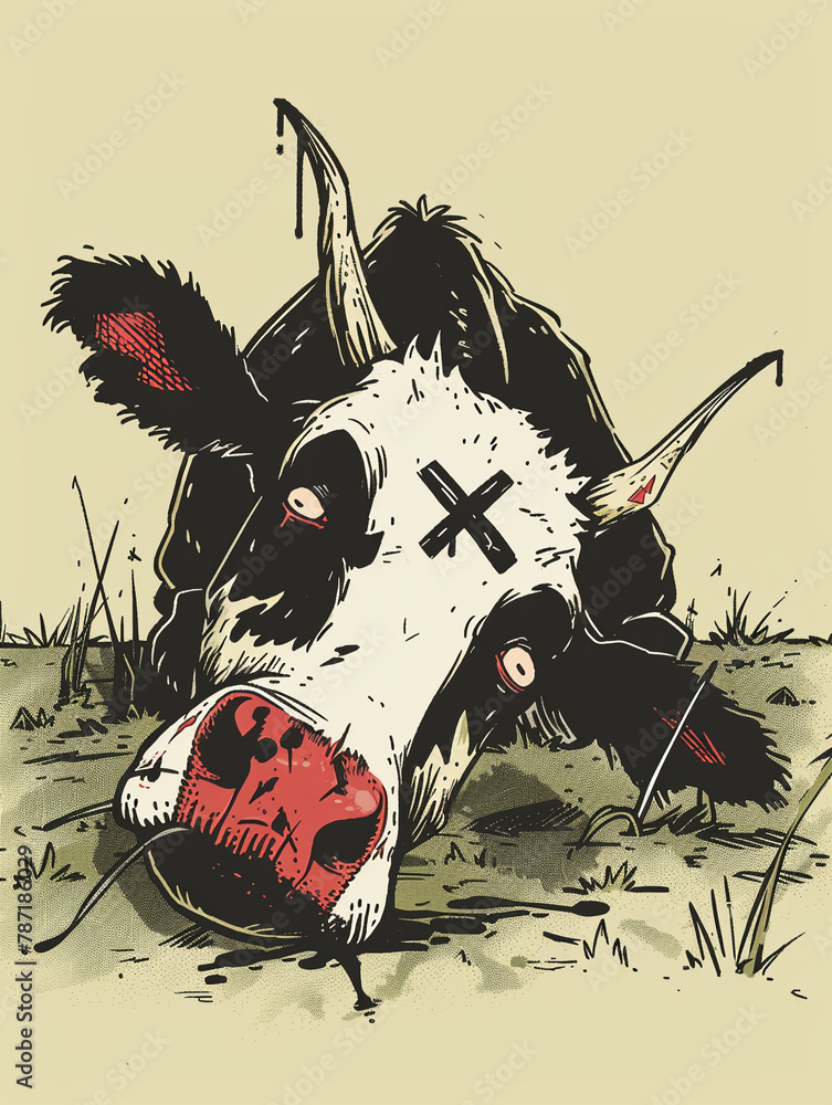 a cartoon drawing of a cow thats dead with xs for eyes and its upside ...