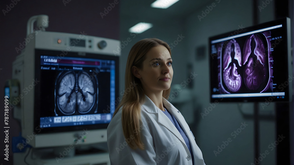 A doctor looking at radiology and CT scan images in the operating room ...