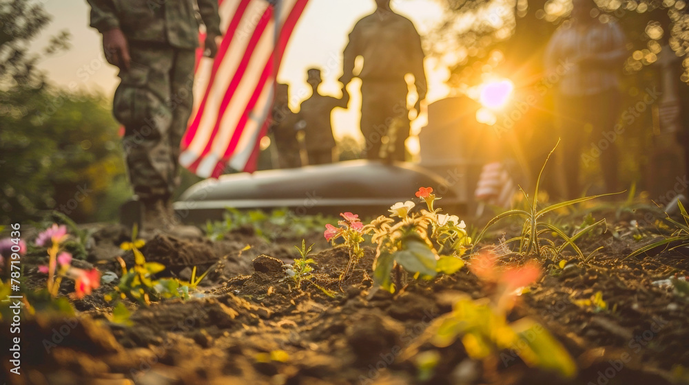 lCose-up shot of a solemn moment on Memorial Day, a military family ...