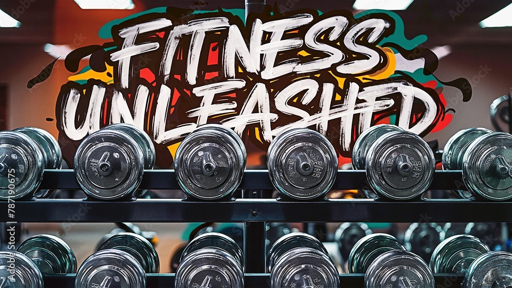 Dumbbells on a rack with a graffiti-style "FITNESS UNLEASHED" mural in ...