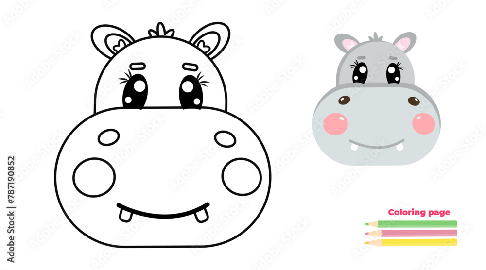 Cute outline kawaii hippopotamus face, head. Coloring page illustration ...