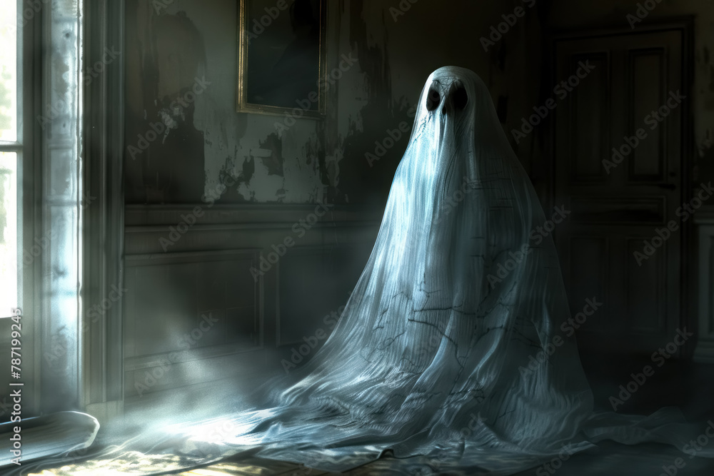 mysterious ghostly figure in a dimly lit vintage room with eerie ...