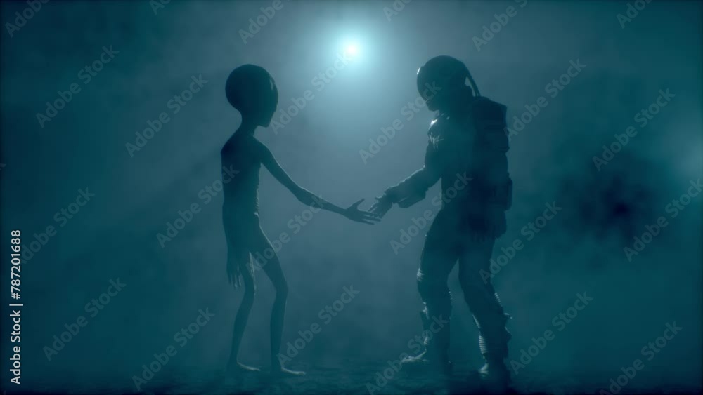 Astronaut meets a grey alien and shakes his hand. First contact. Alien ...