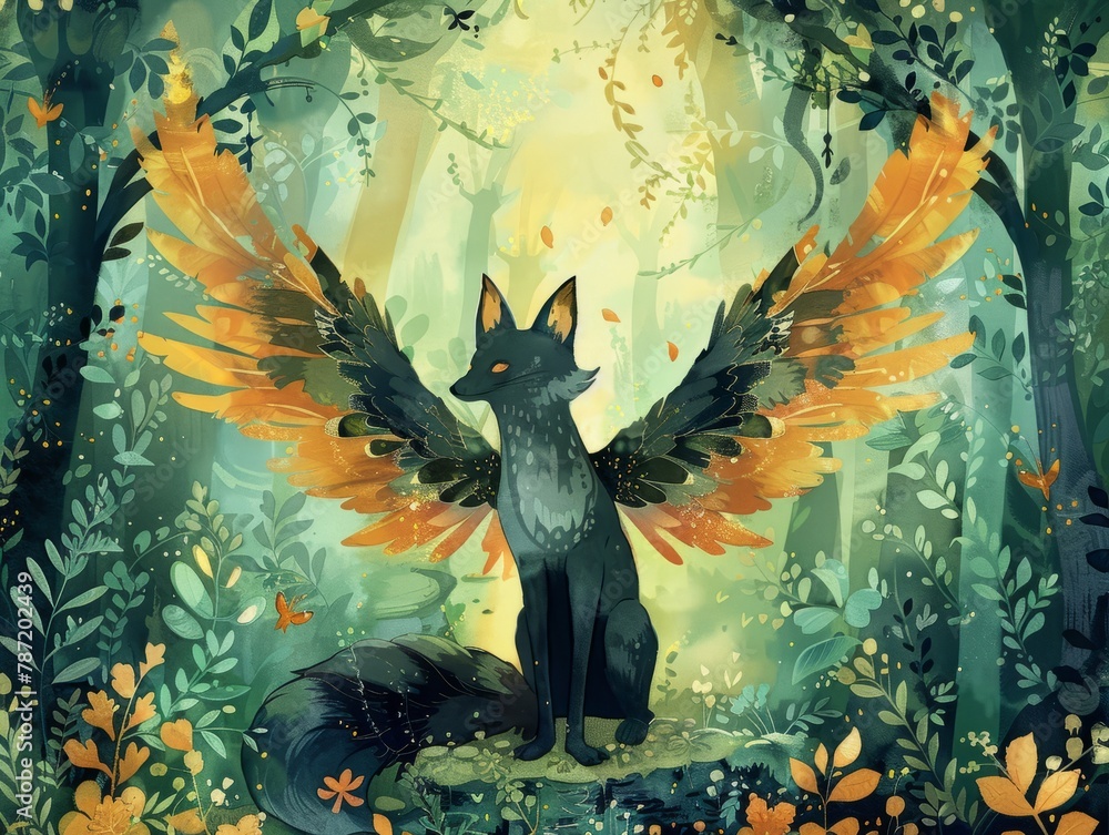 Illustration of blak fox with wings in the magic forest. Bibi from ...