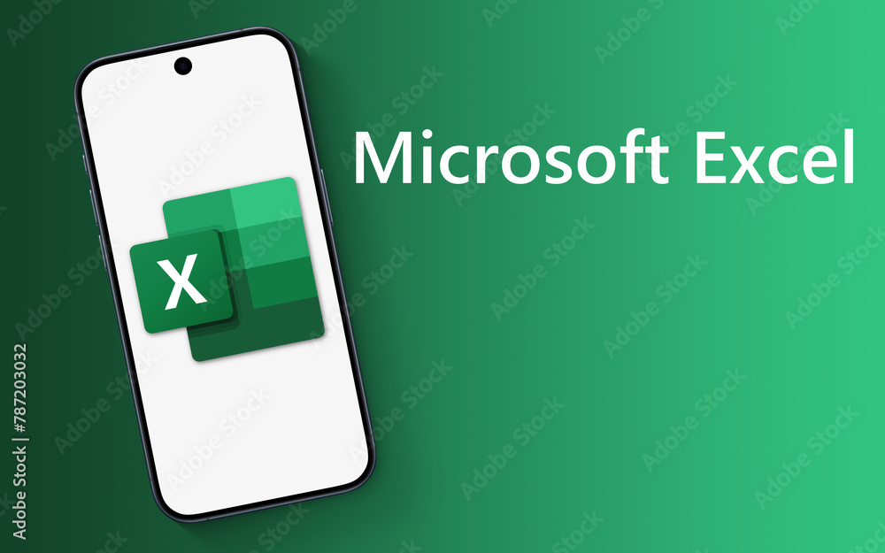 Excel logo is displayed on a smartphone, green gradient underground and ...