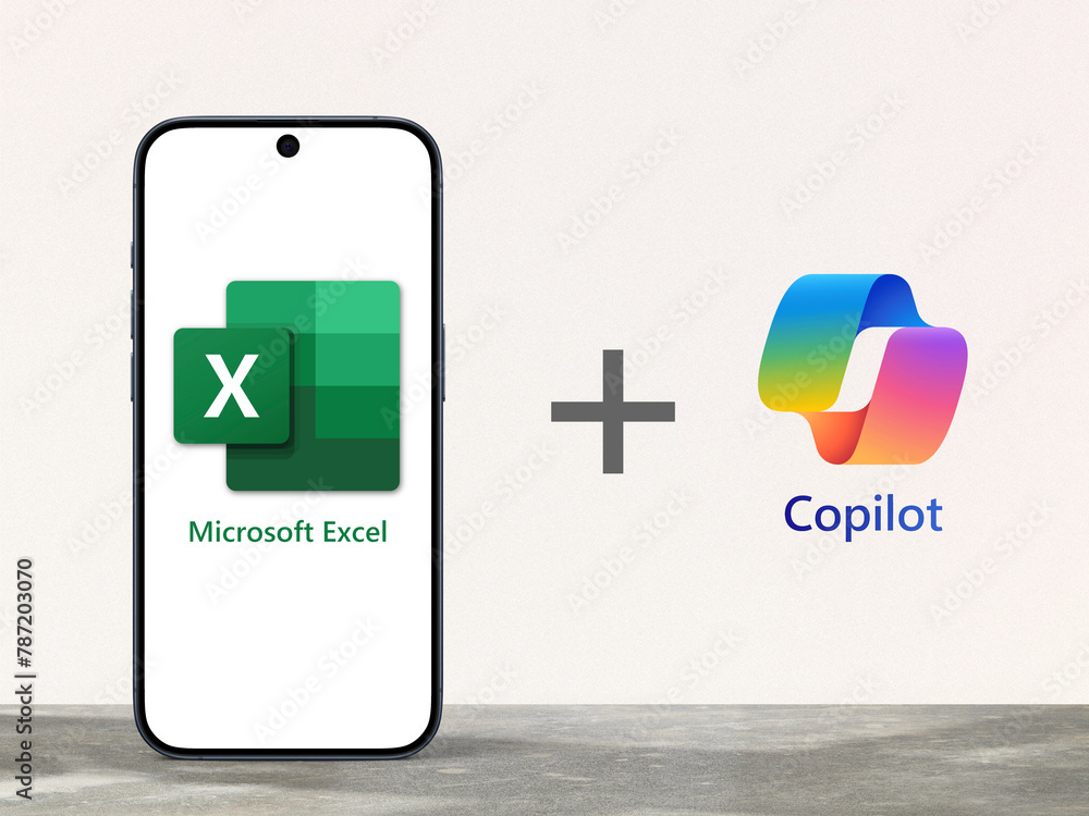 Microsoft Excel logo is displayed on a smartphone, Copilot logo next to ...