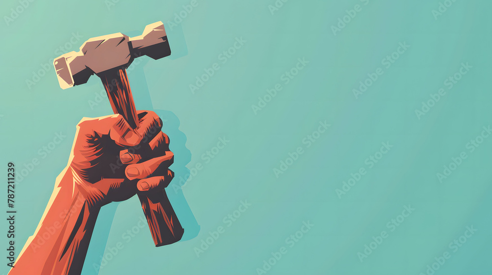 An illustration of a hand gripping a hammer, raised against a blue ...