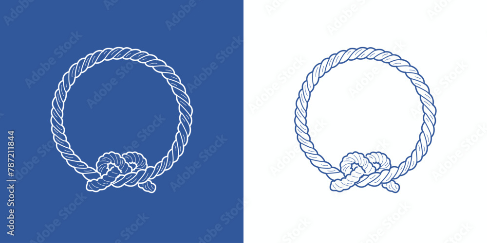marine nautical rope round frame on dark blue and white background. sea ...
