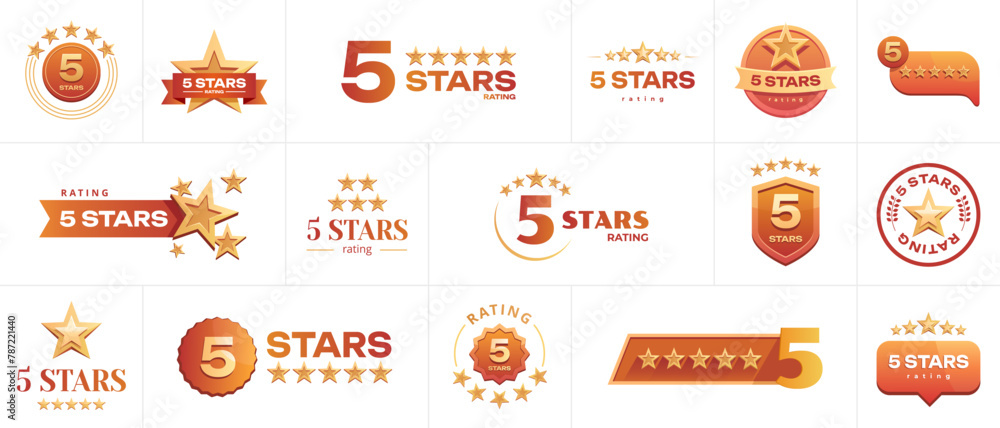 Golden Five stars logo template set. 5 star rating emblems set Stock ...