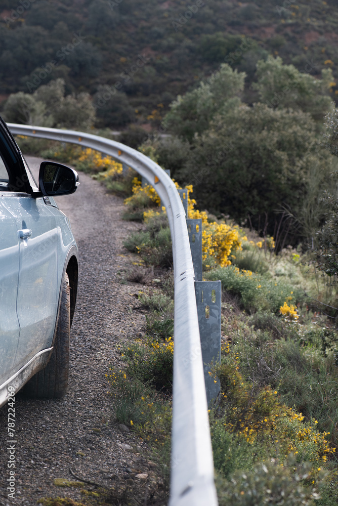 Detail of crash barriers installed on roads in Spain showing the sharp ...