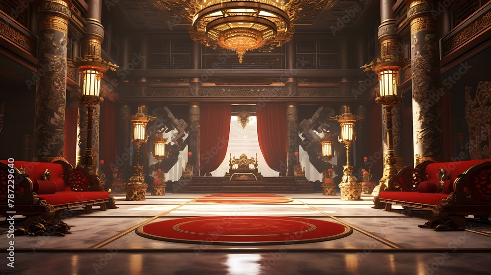 Imperial Chinese Palace Hall: a resplendent palace hall with crimson ...