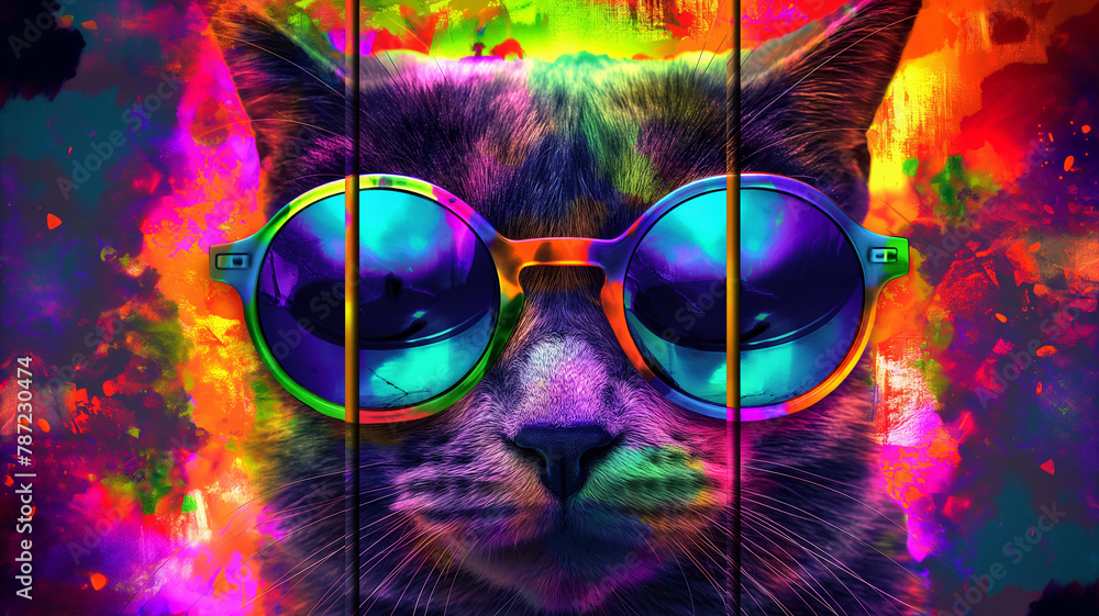 3 panel wall art, Wow pop art cat face. Cat with colorful glasses pop ...