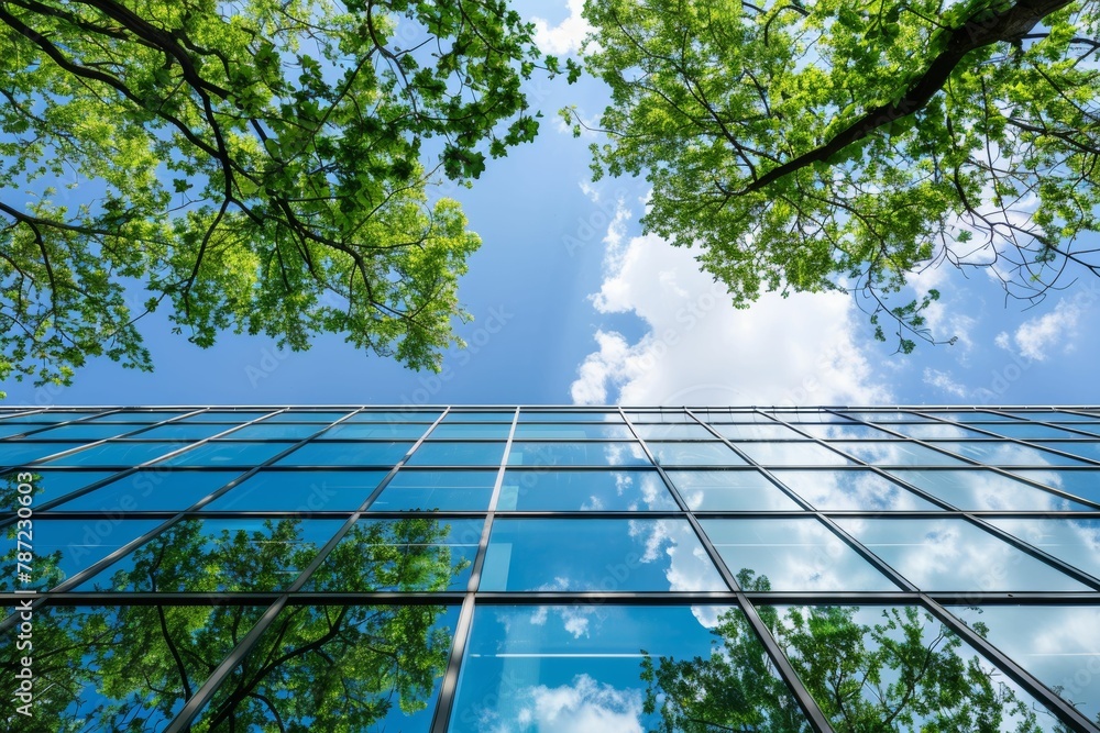 green glass office building sustainable, eco-friendly modern city, tree ...