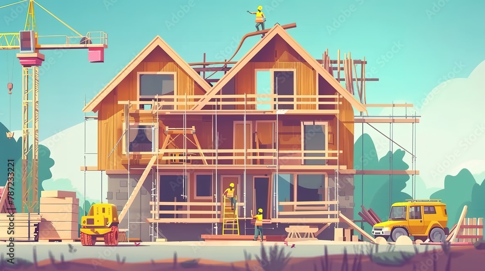 Houses construction process. Team of builders build wood home ...