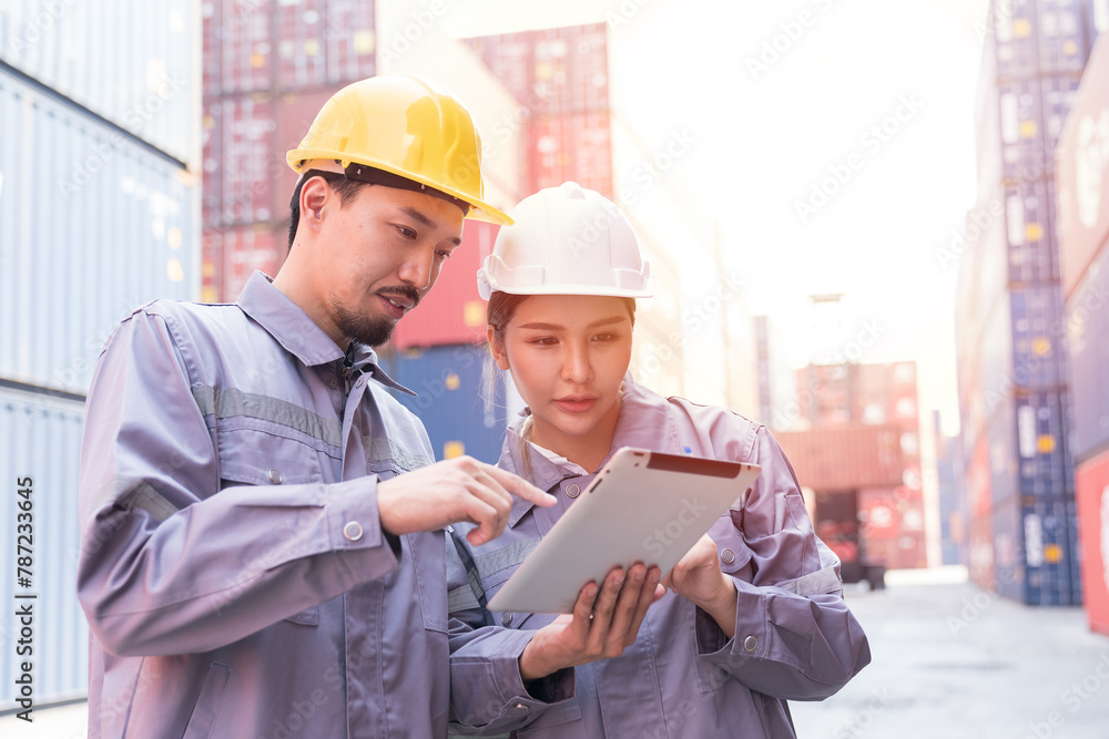 Male and female container yard worker loading containers box at ...