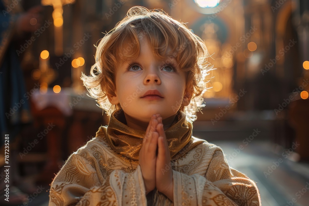 Young boy with golden hair in a liturgical vestment praying inside a ...