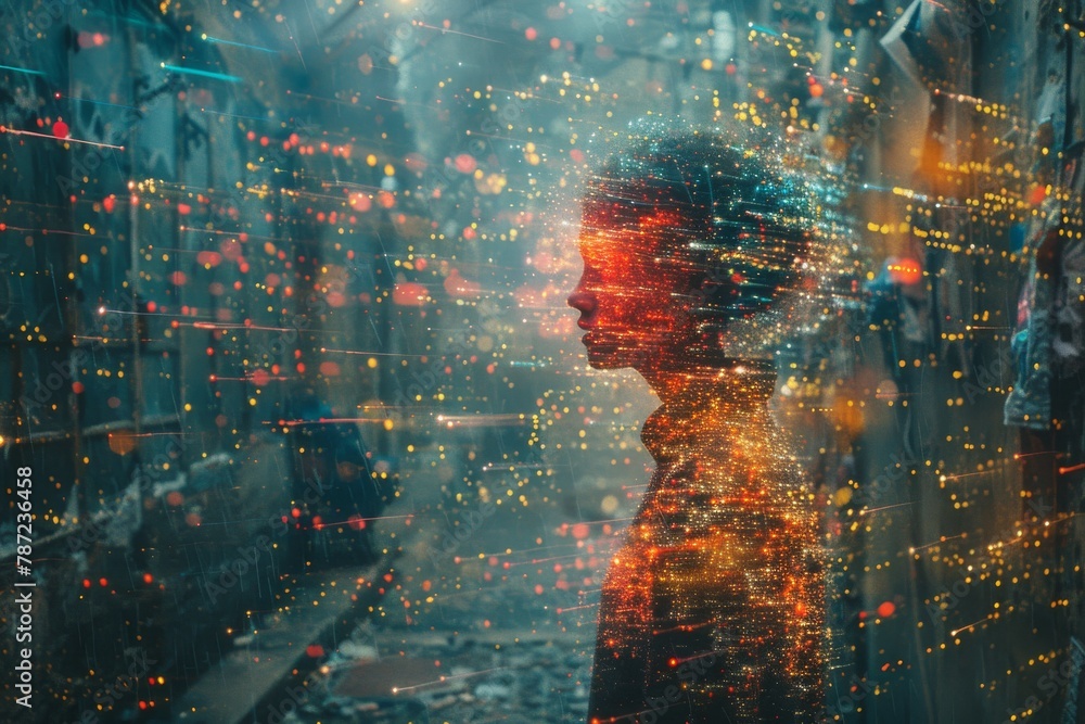 A surreal depiction of a person's silhouette with an exploding head ...