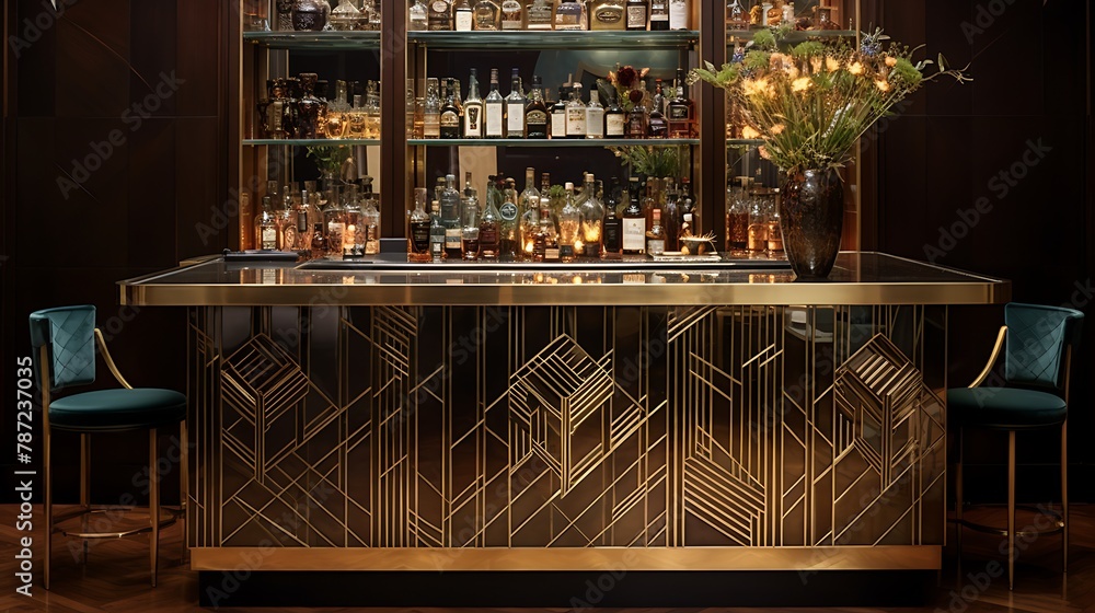 Plan a vintage Art Deco bar with geometric patterns, mirrored surfaces ...