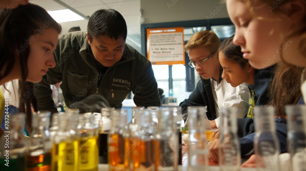 A group of students huddle around a biofuel kit in a school science lab ...