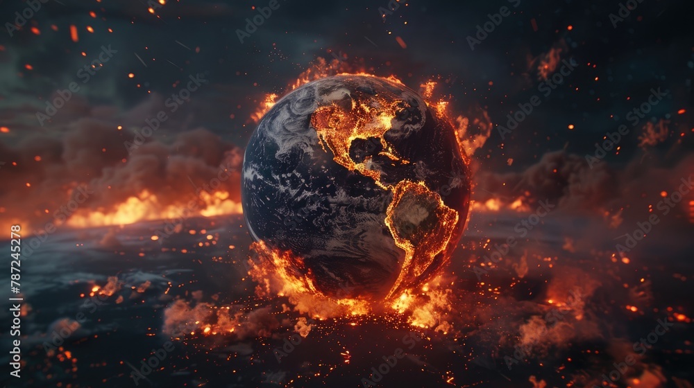 Global warming. Planet Earth globe burning, temperature increase, over ...