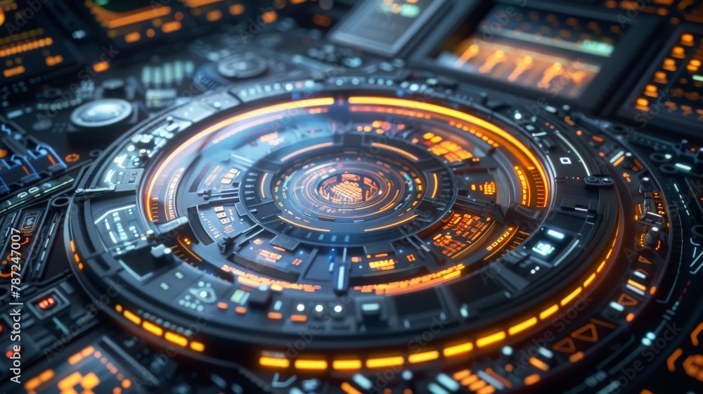 A circular control panel with various buttons and holographic displays ...
