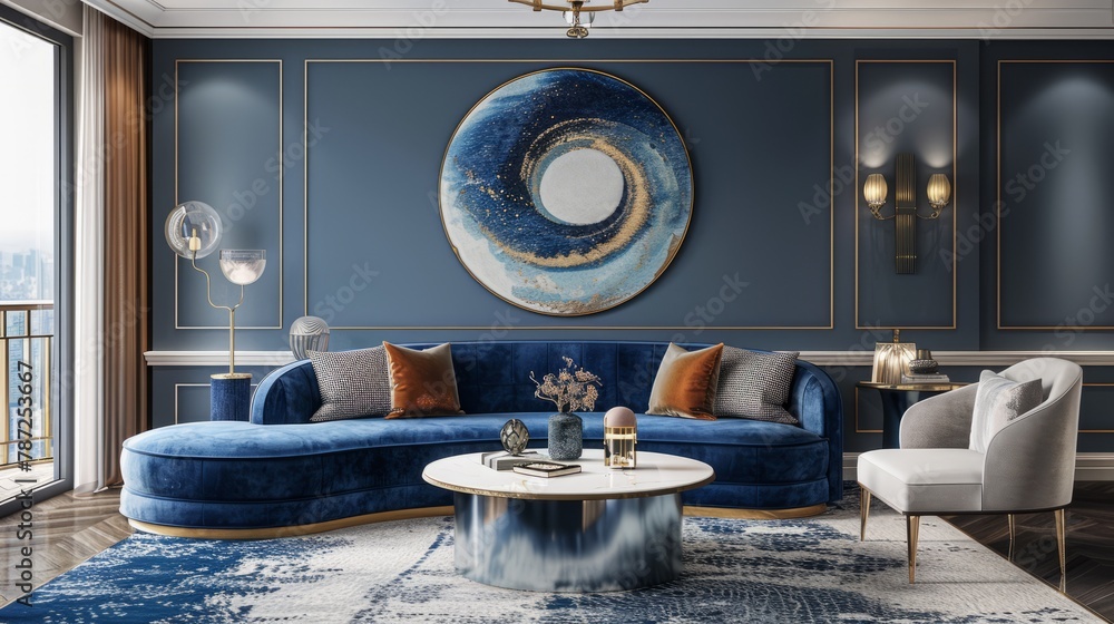 Blue and gold luxury living room interior design Stock Illustration ...