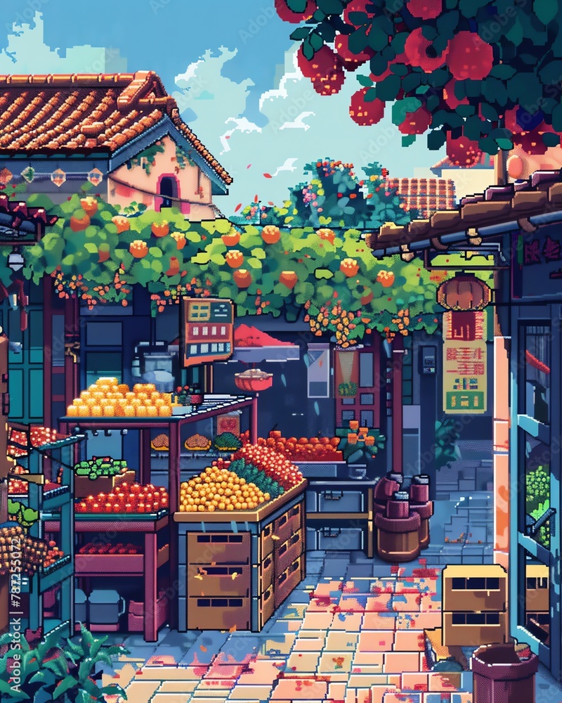 Produce a pixel art depiction of a whimsical FoodTech marketplace from ...