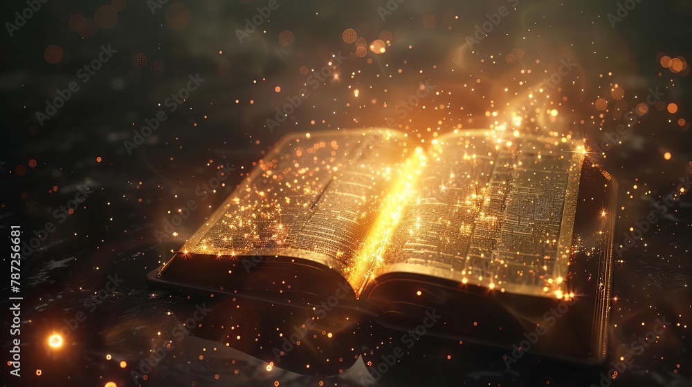 glowing holy bible with shimmering bokeh particles divine word of god ...