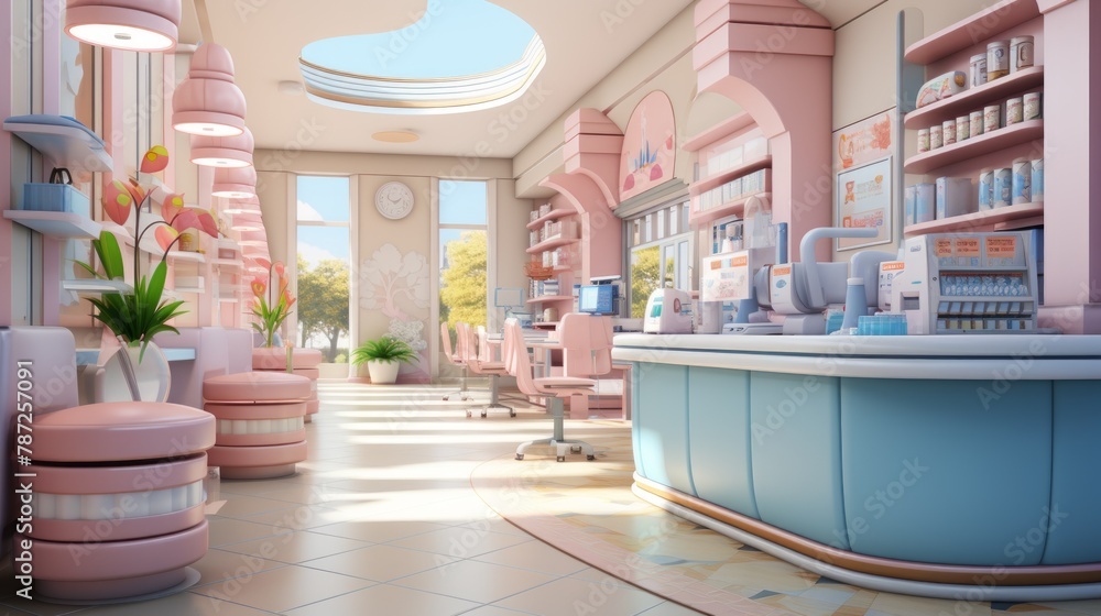 The interior of a modern pharmacy with pink and blue pastel colors ...