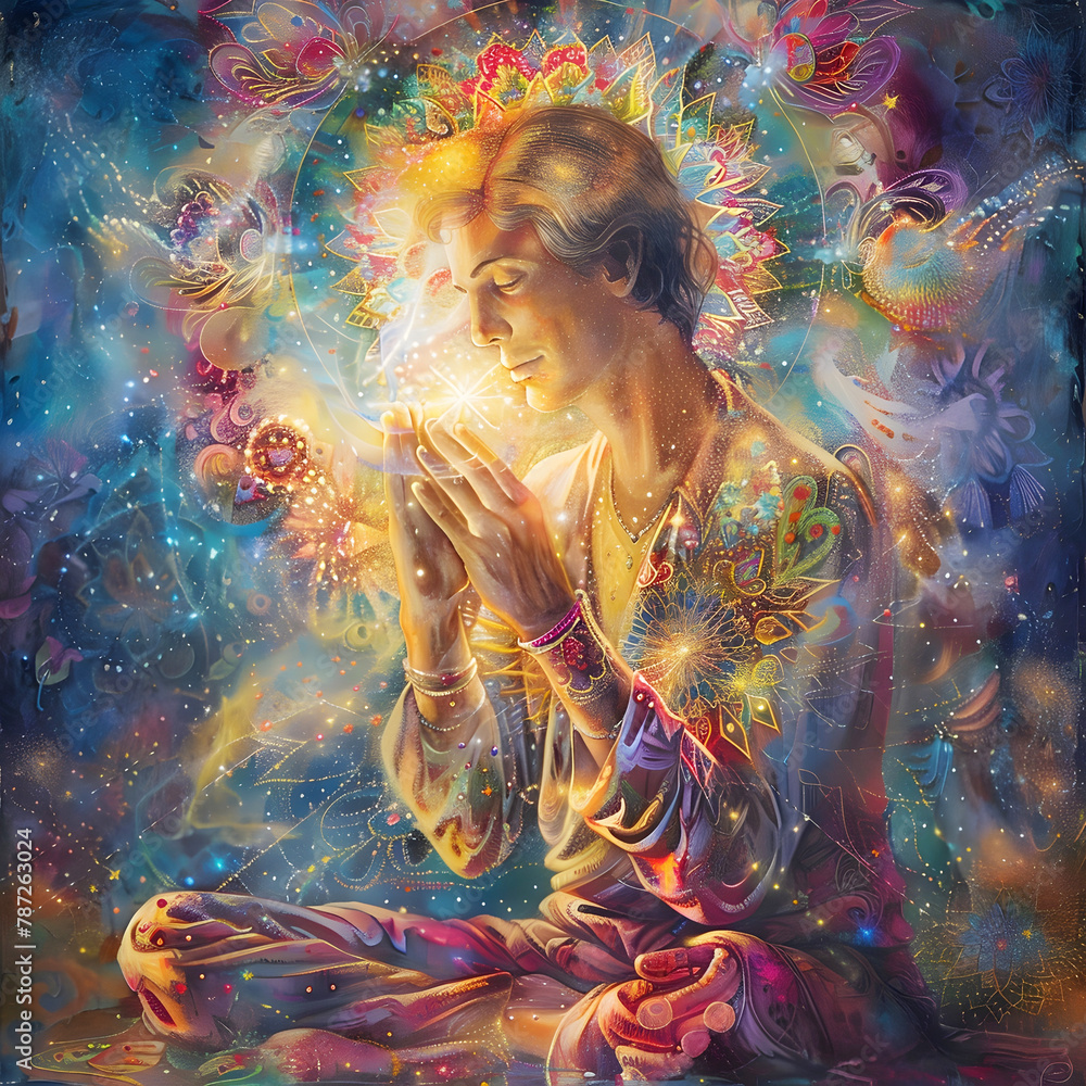 Atlantis priest sitting with crossed legs and hands in prayer position ...