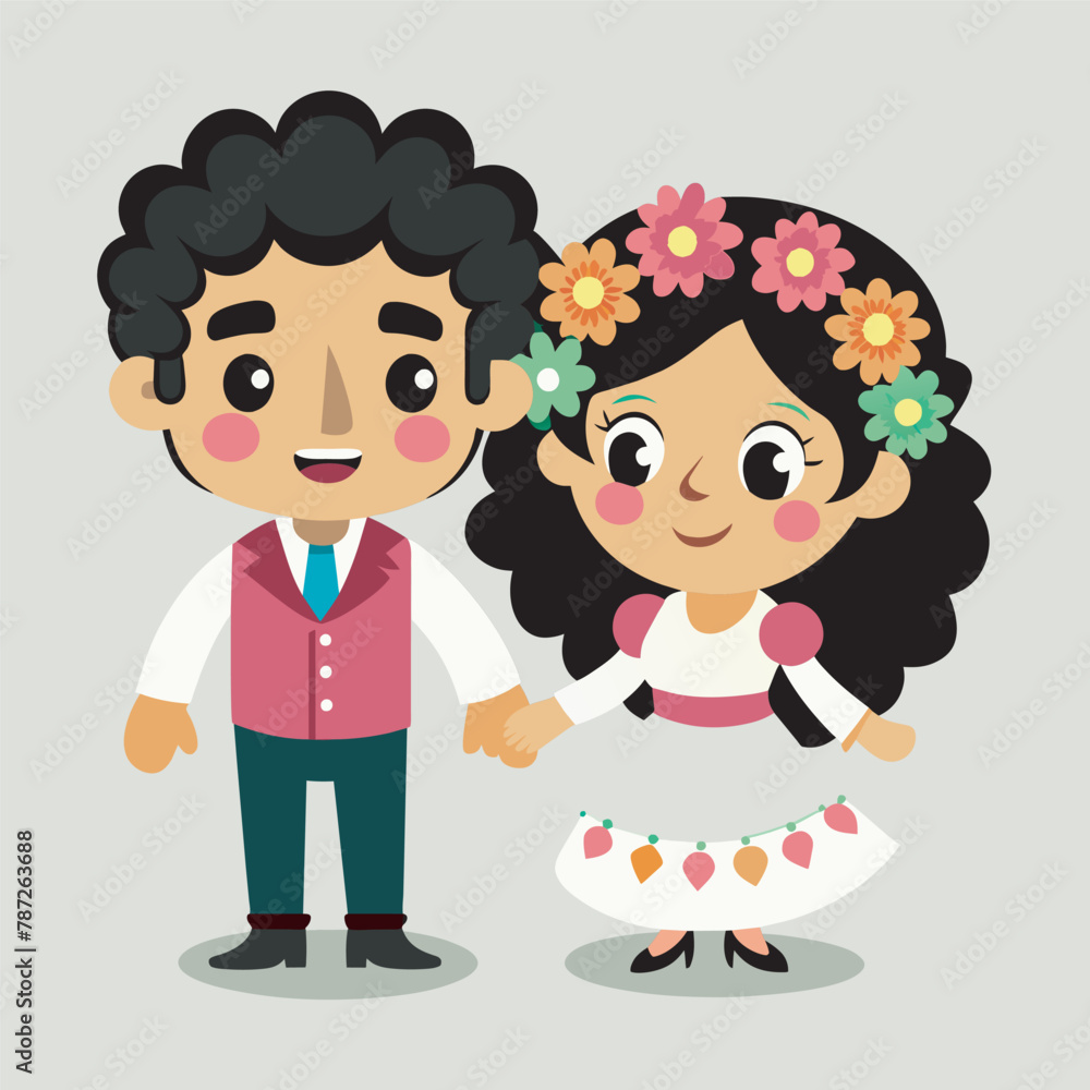 Mexican cute couple traditional costume cartoon boy and girl dance ...