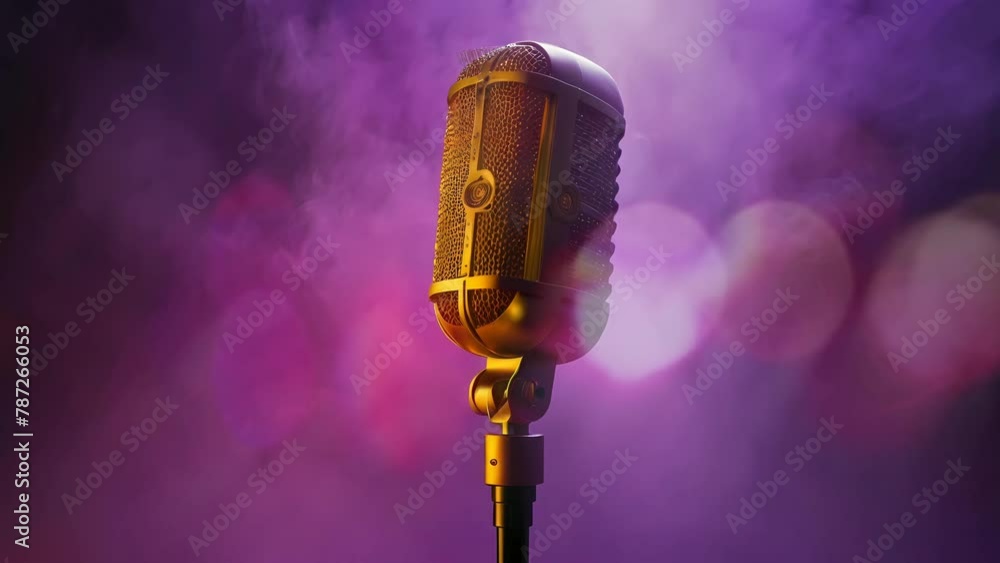 microphone on stage with lights and clouds, seamless looping video ...