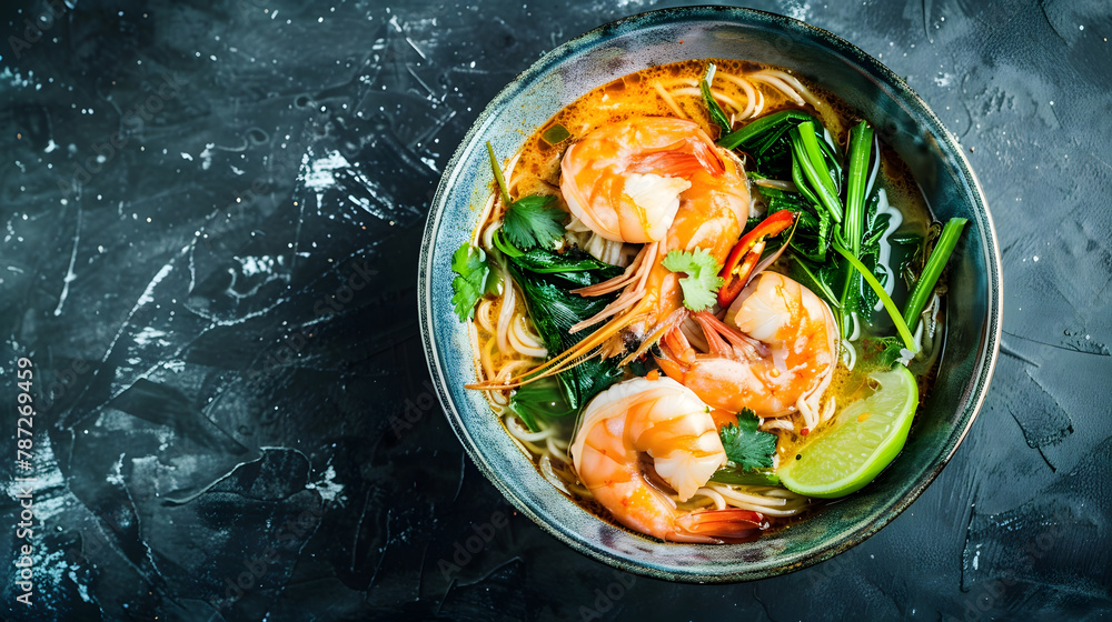 Foto de Laksa Shrimp bowl glass noodle dish top view copy space Asian ...