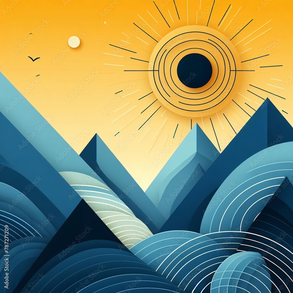 The image displays an abstract scenery with blue mountains stylized in ...