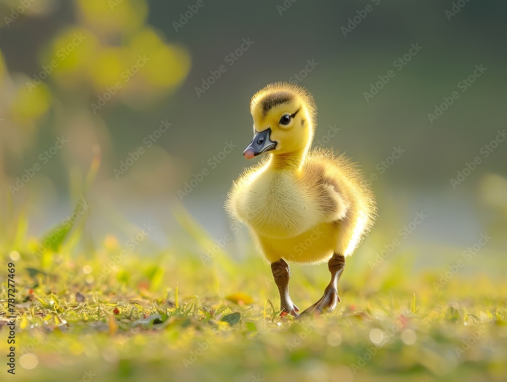 Tiny webbed feet of a baby goose touch the grass in a close-up ...