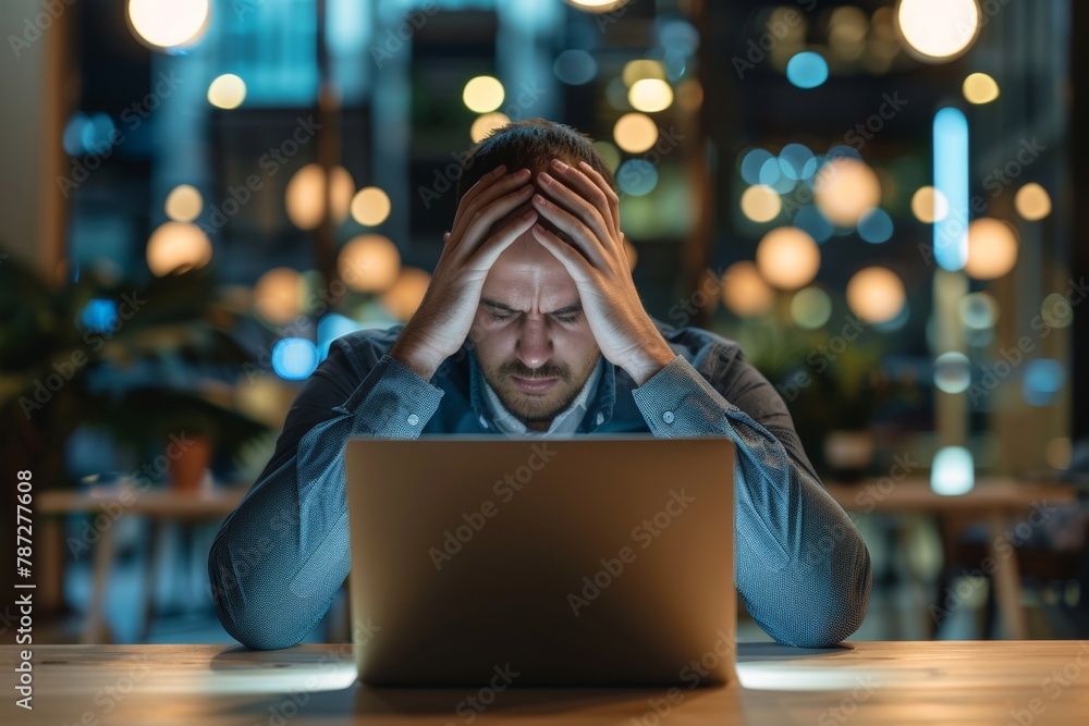 Frustrated and sad man at workplace reading online message from laptop ...