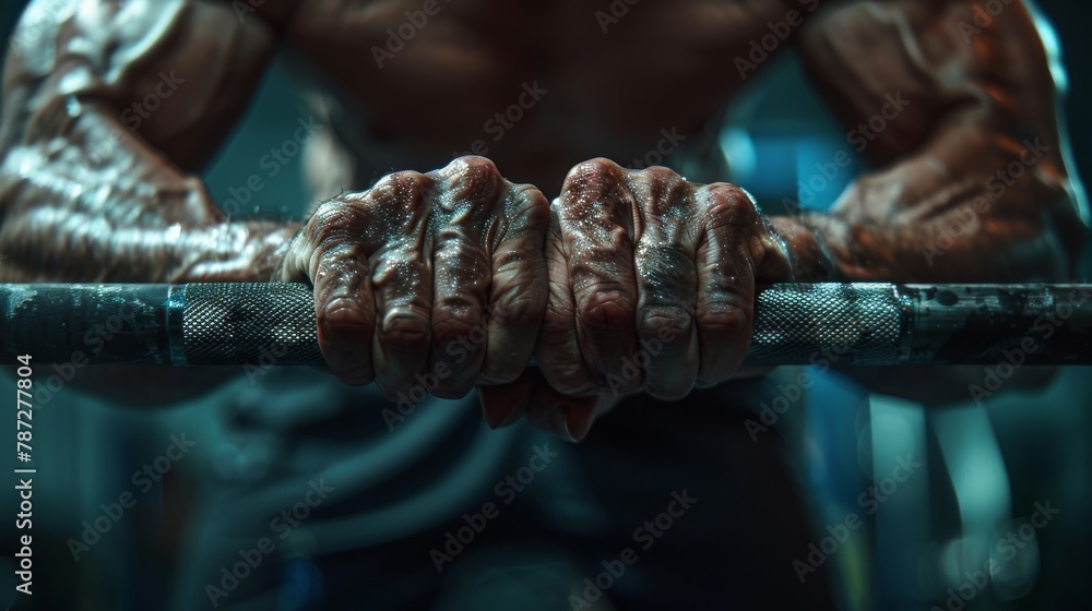 Focus on a bodybuilder's hands gripping a barbell, highlighting bulging ...