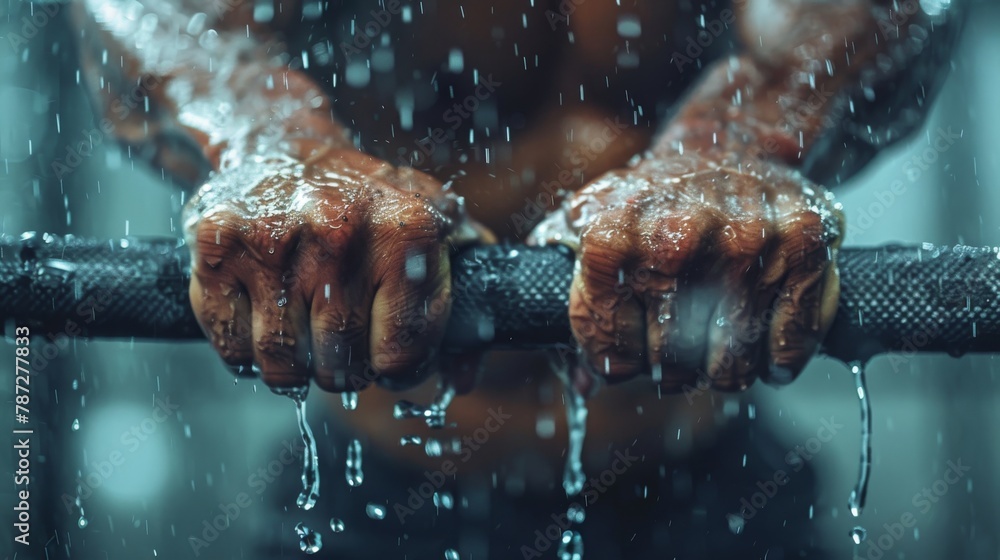 Zoomed-in shot of a bodybuilder's hands on a heavy barbell, muscles and ...