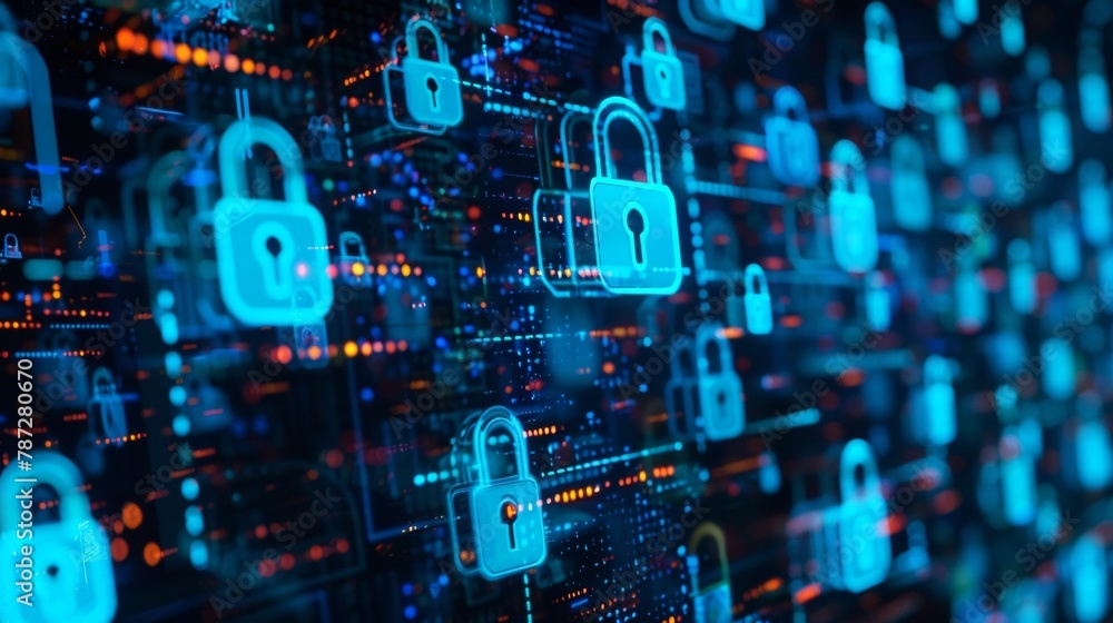 Layers of translucent security symbols blended with a distorted digital ...