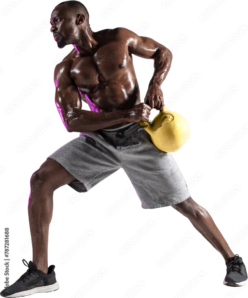 Determined African-American man with sweating muscular body training ...