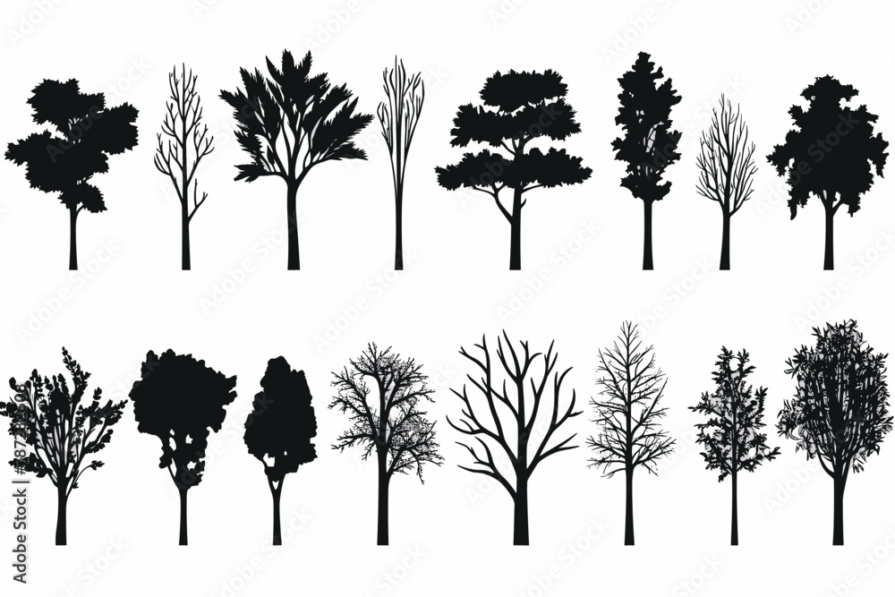 Silhouette tree set. Side view, set of graphic trees elements outline ...