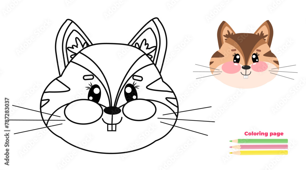 Kawaii cute outline chipmunk, hamster face, head. Coloring page ...