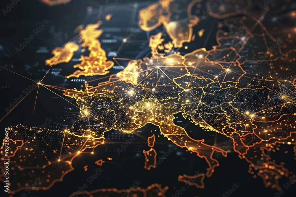 France as a center of global connectivity on a digital map, with ...